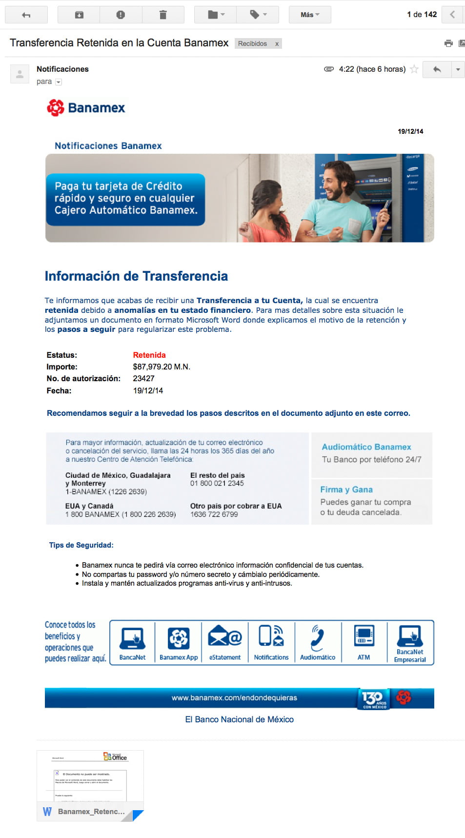 Transferencia Retenida en la Cuenta Banamex